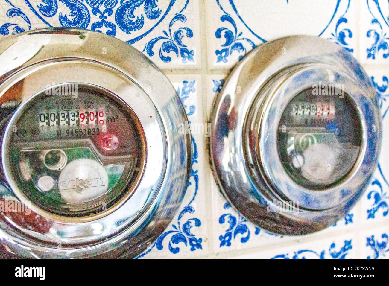 Old fashioned electric meter on the wall with tiles in Braunlage Harz ...