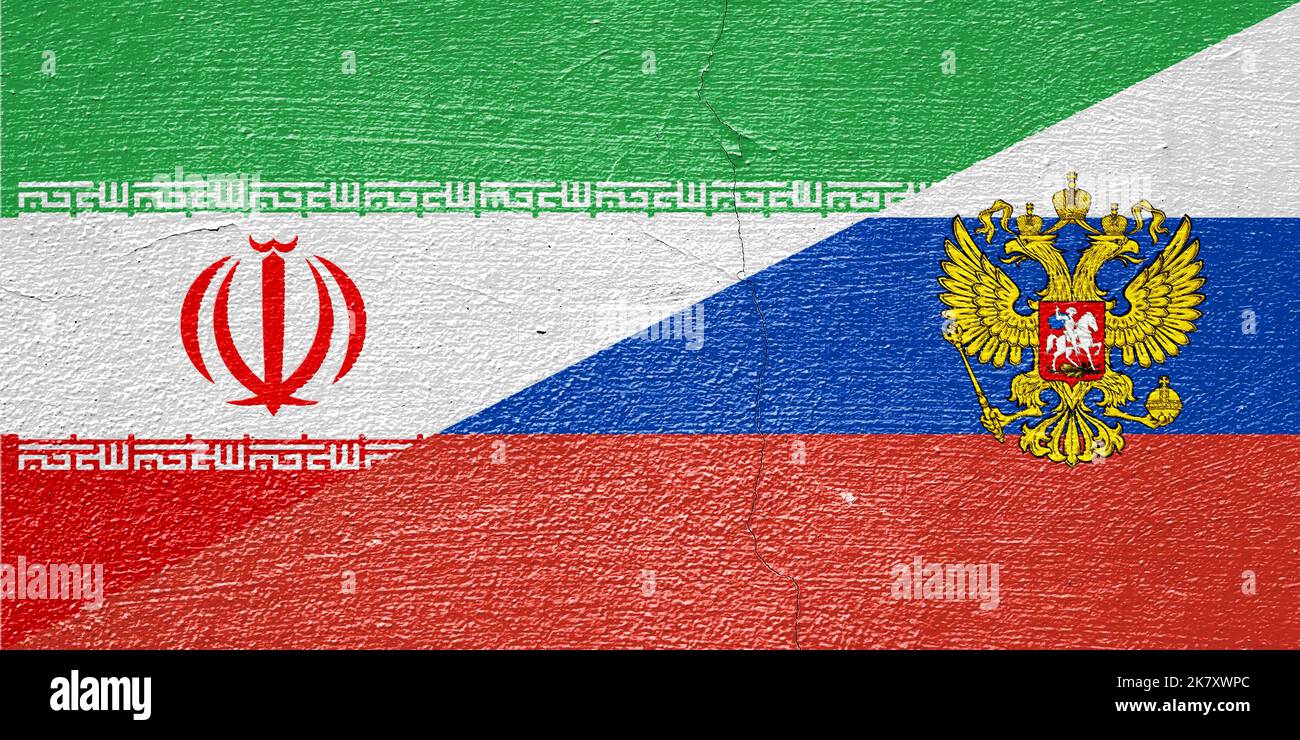 The flag of Russia and Iran on a cracked plastered wall. Concept of ...