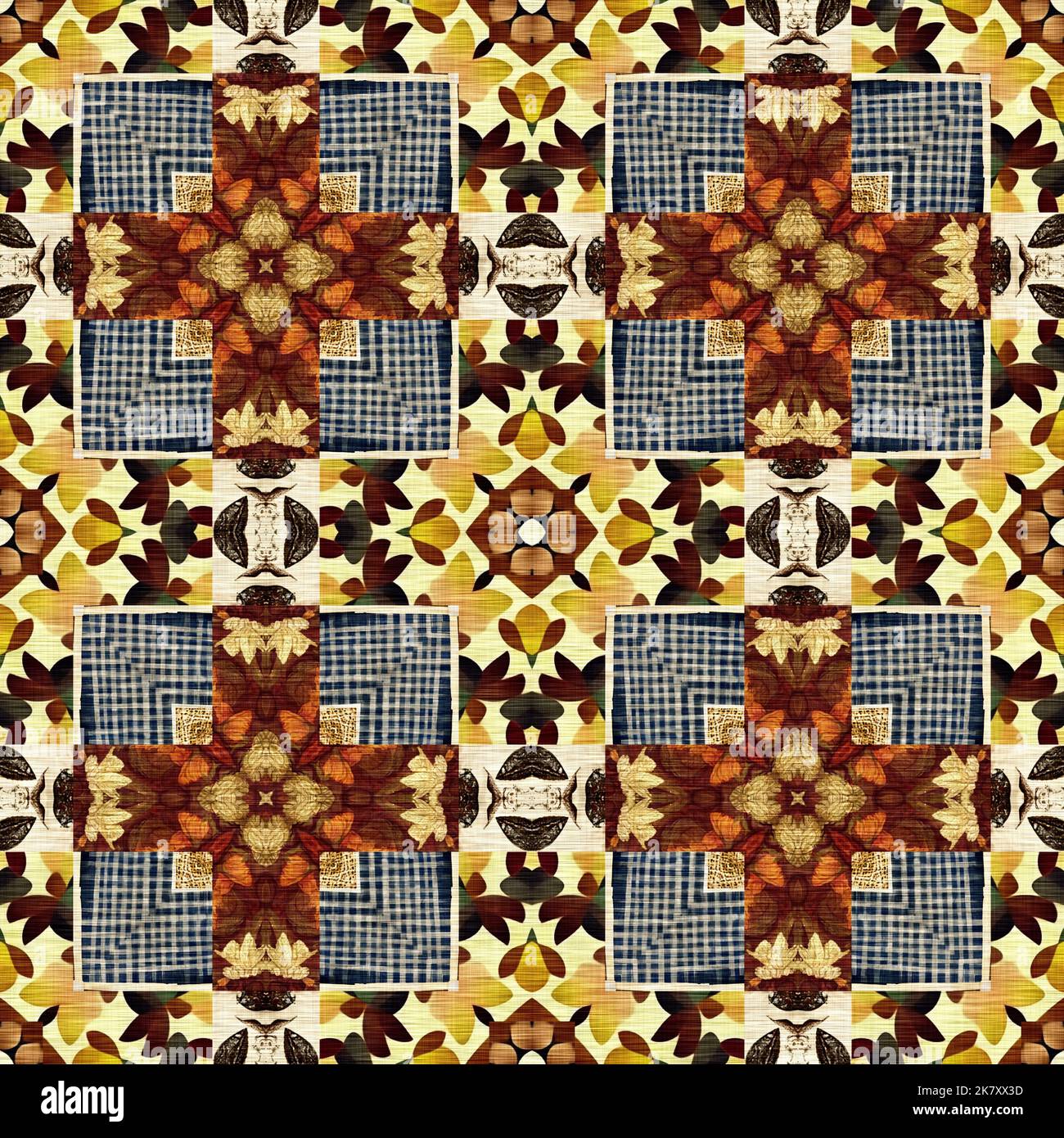 Autumn leaf quilt style vintage seamless pattern. Homely cottage core ...