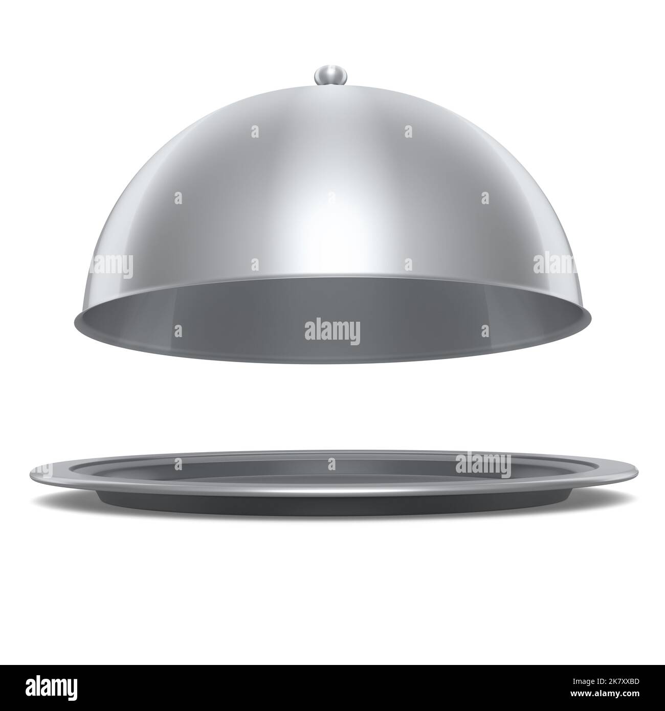 Silver tray with cloche ready to serve isolated on white background. 3d ...