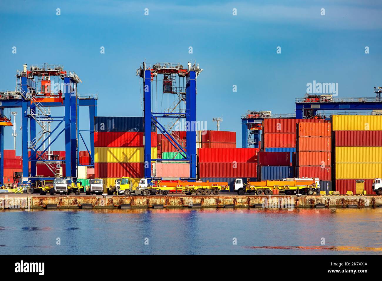 long trucks in container depot in import and export area at port near ...