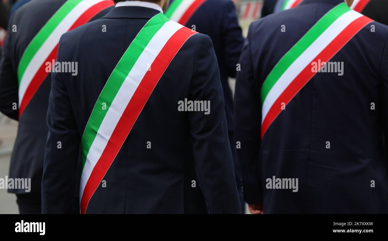 Italian mayors during the demonstration with the tricolor band with the ...
