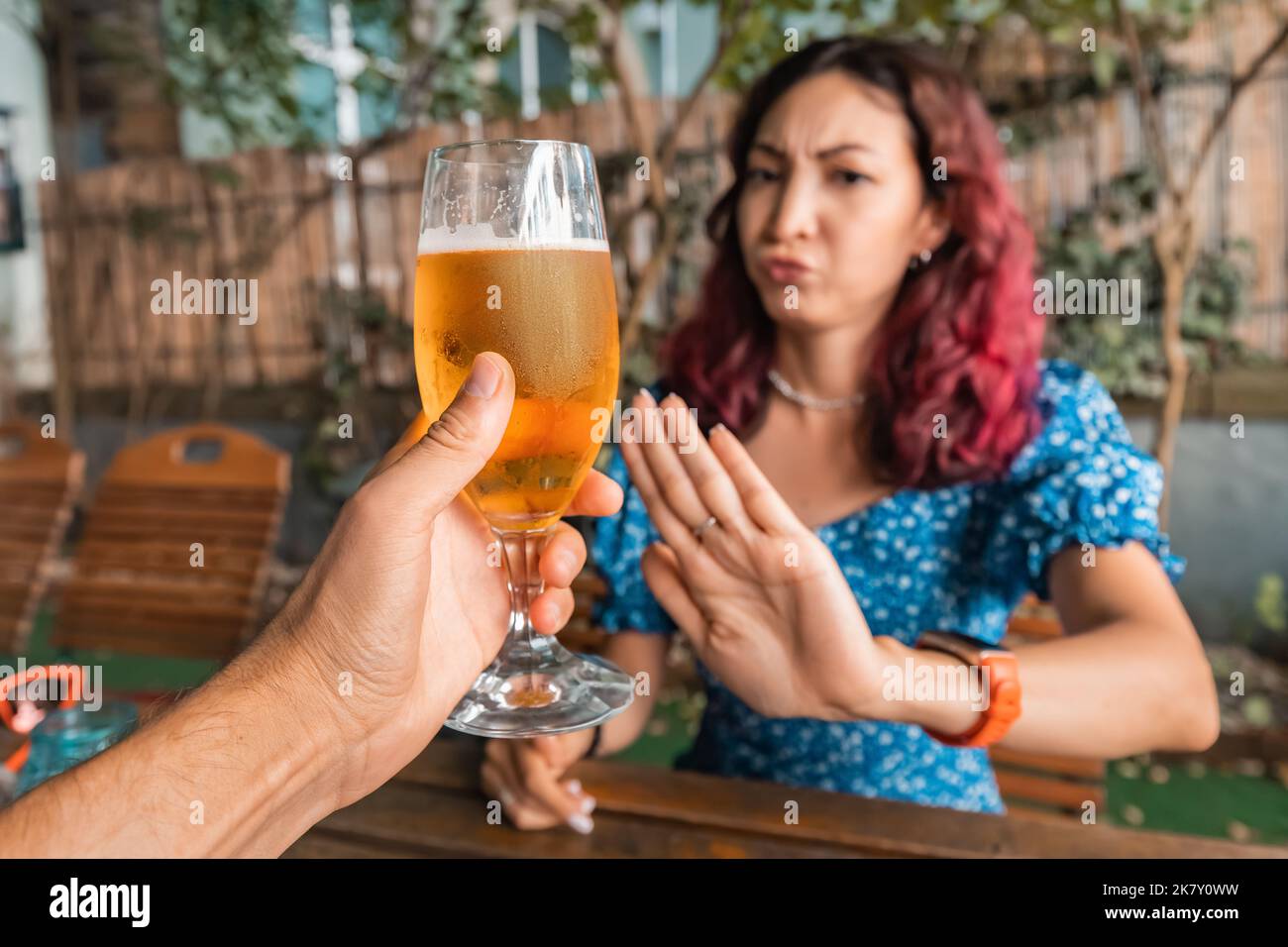 Funny Drunk Woman Refuses An Extra Glass Of Beer At The Bar Say No And Stop To Addiction And