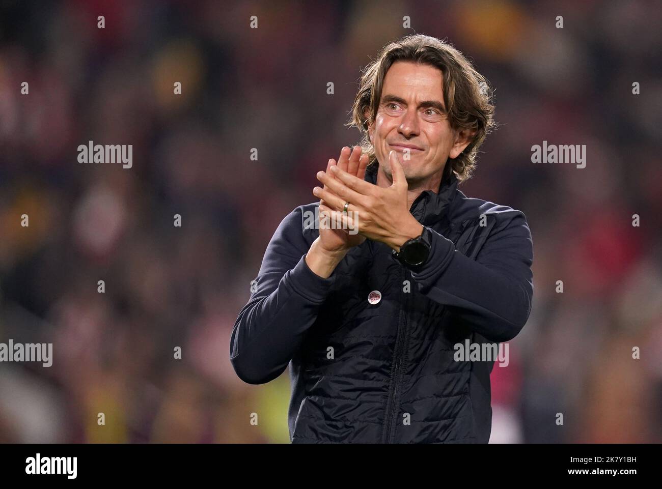 Brentford manager Thomas Frank applauds the fans after the Premier ...
