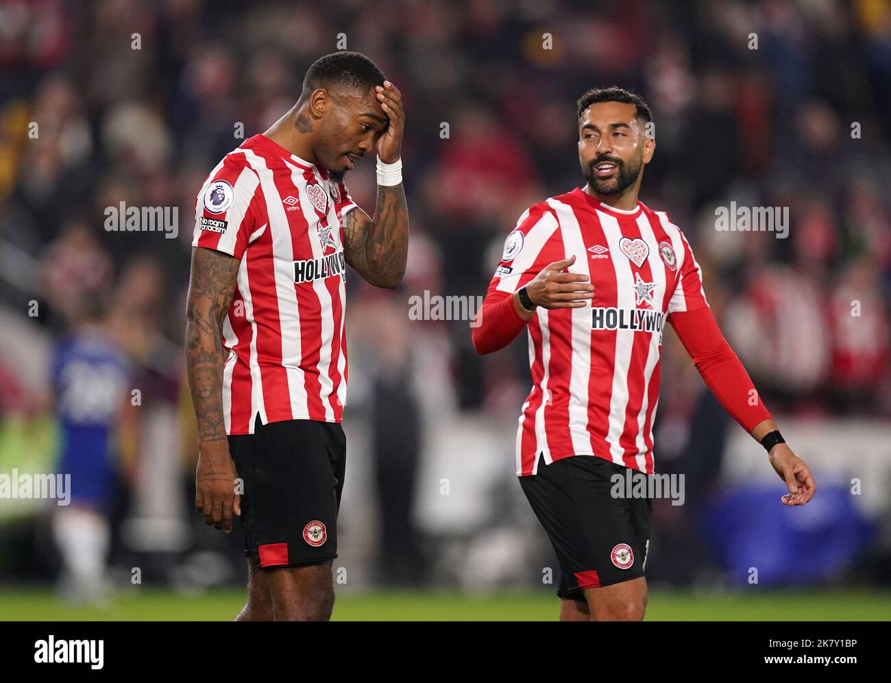 Brentford's Ivan Toney (left) with Saman Ghoddos after the Premier ...