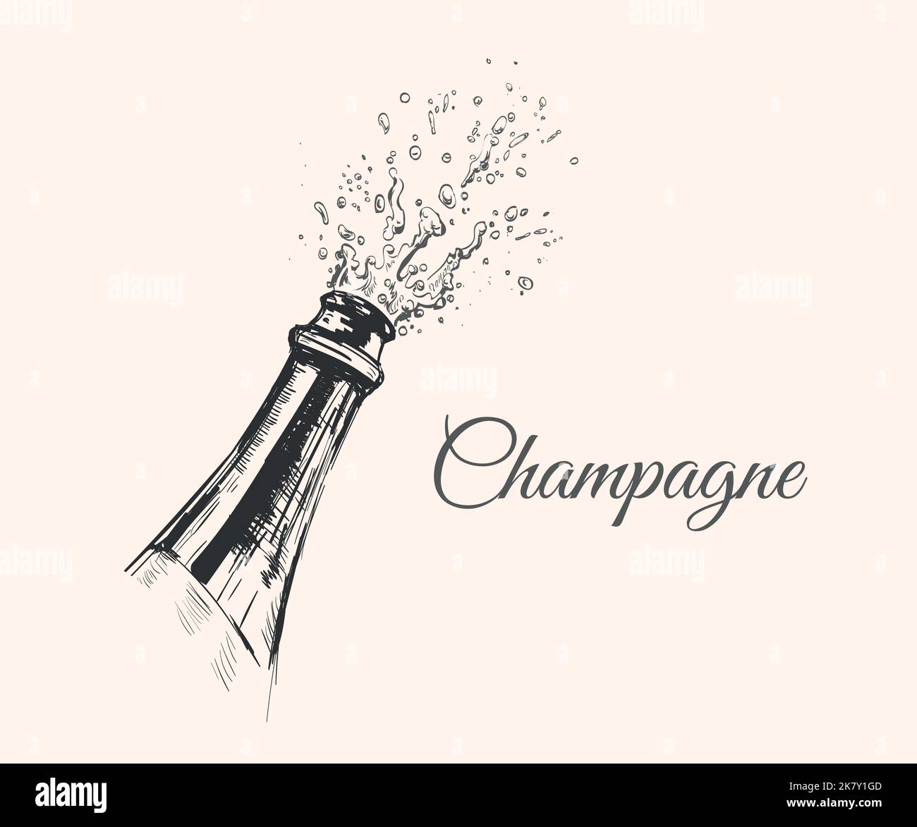 Hand drawn Illustration of Champagne explosion. Alcohol drink splash ...