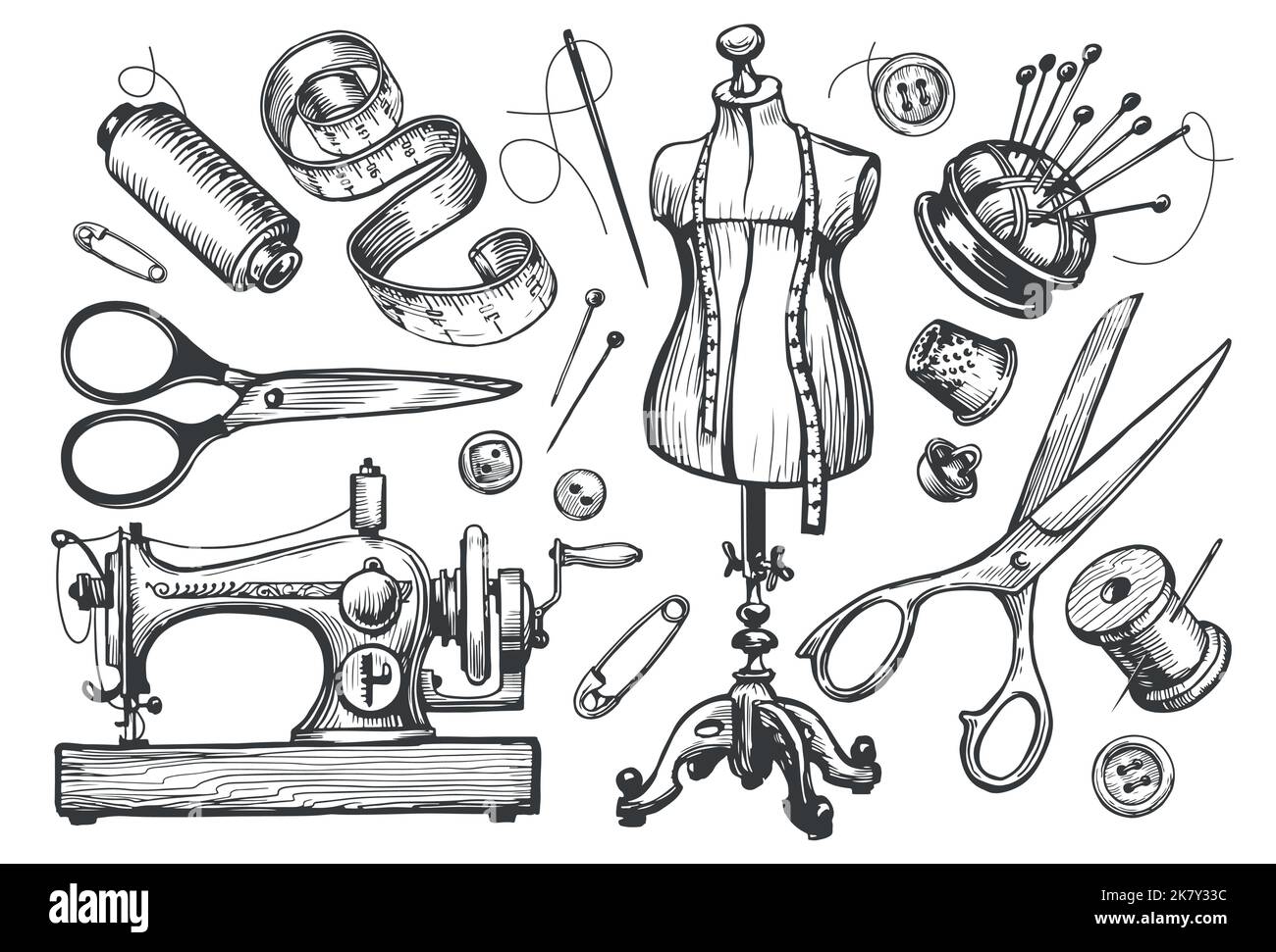 Tailored Clothes Sewing Tailor Tools Set Vector Hand Drawn Sketch