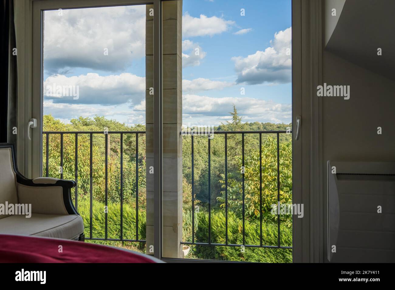 view through upstairs French windows in a chambre d'hote, Dordogne ...