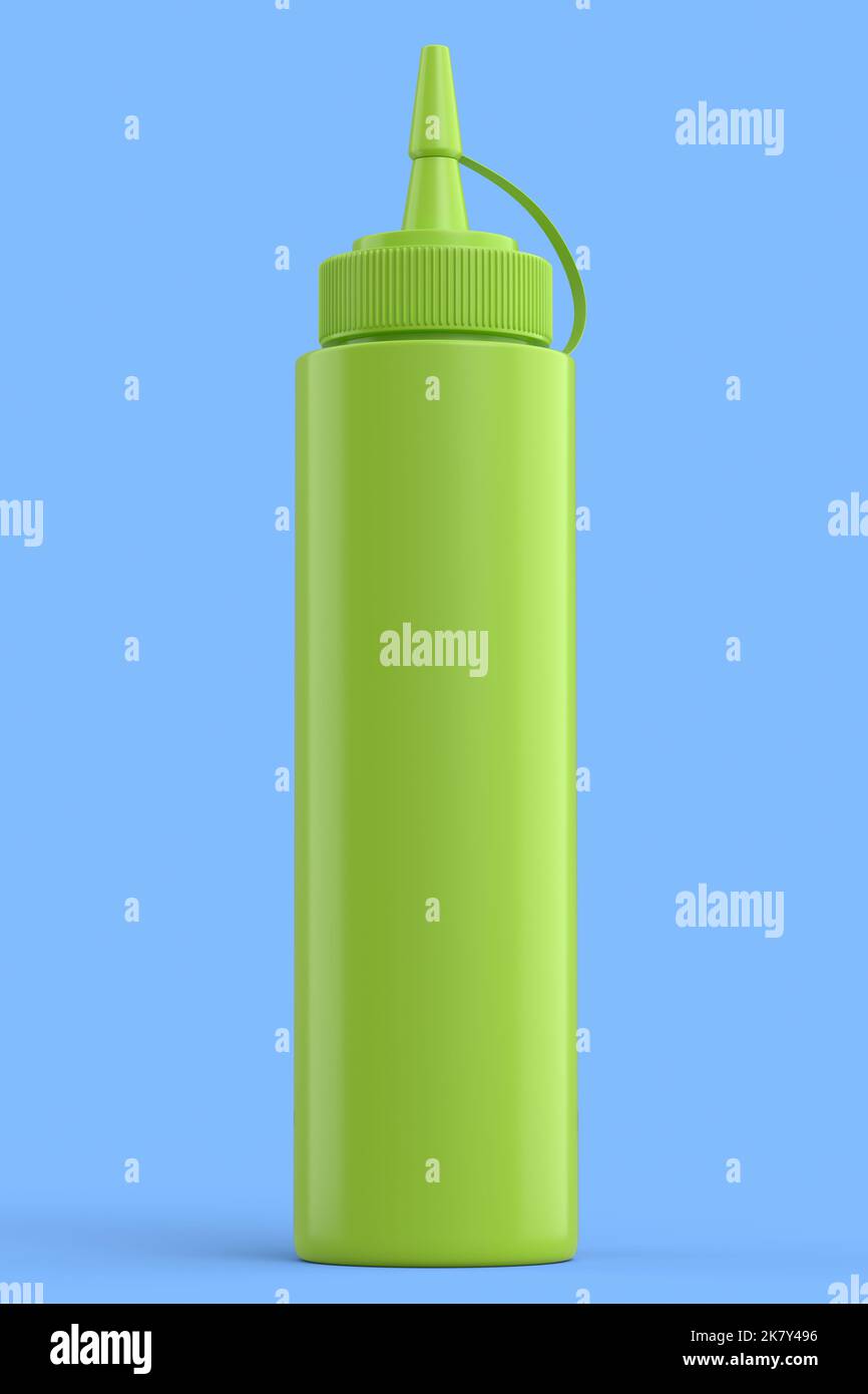 Plastic bottle of italian salsa verde sauce isolated on blue background ...