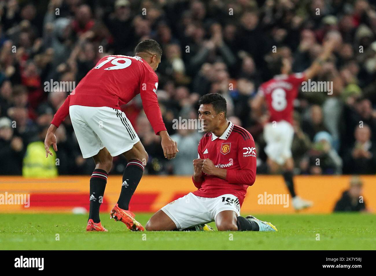 Manchester United's Raphael Varane and Casemiro celebrate after Bruno ...