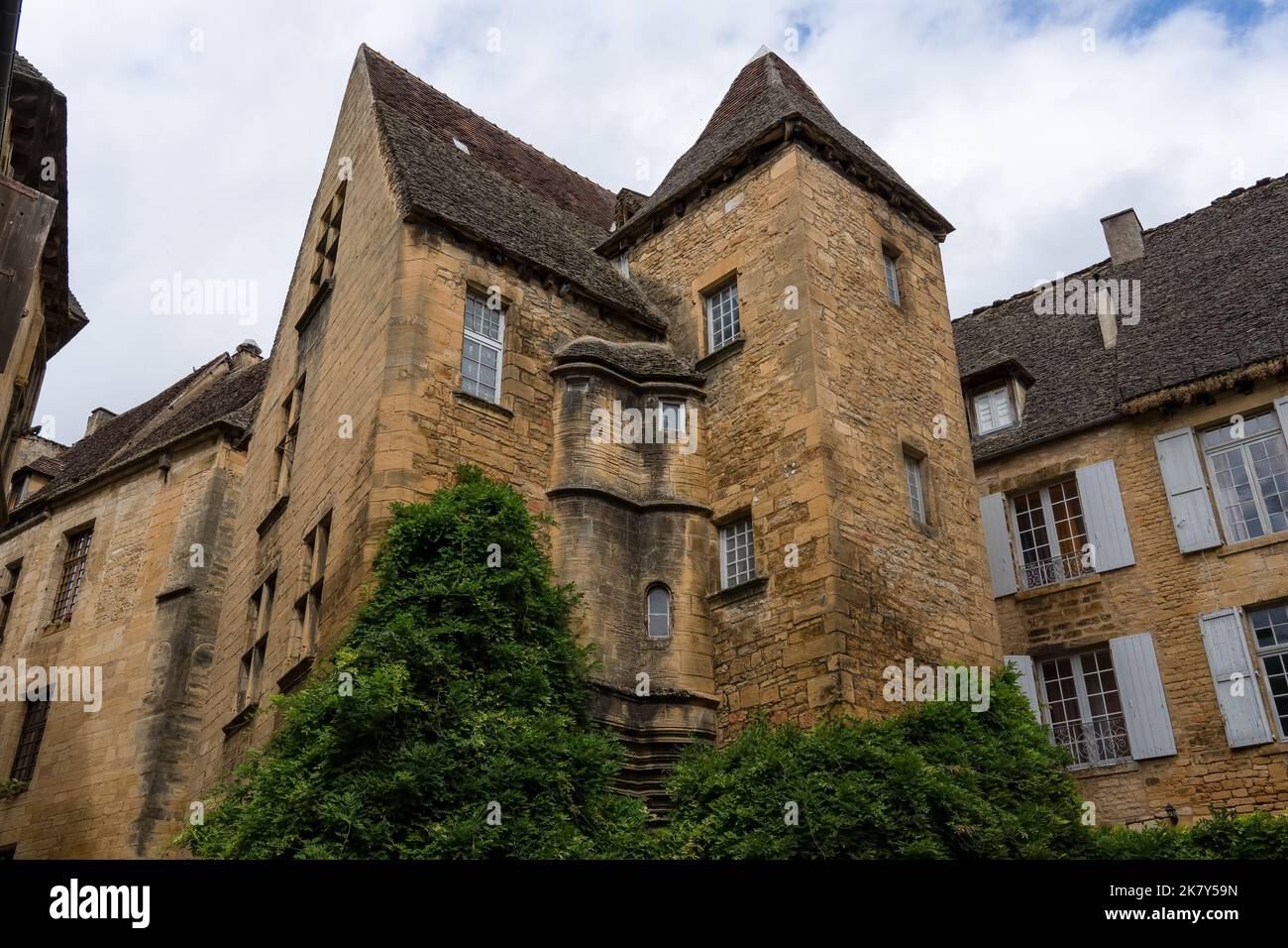 view of 14th century medieval town buildings in Sarlat-la-Caneda ...