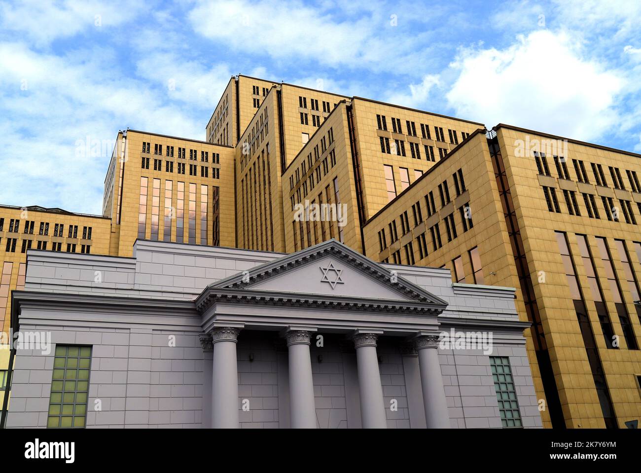 Ancient synagogue with six-pointed Jewish star of David. A traditional ...
