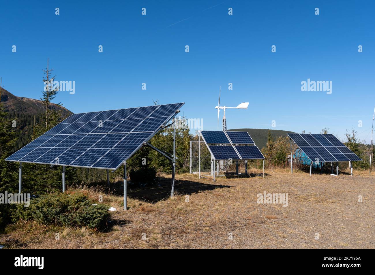 Solar power plant in the forest. Accumulation of solar energy. Saving ...
