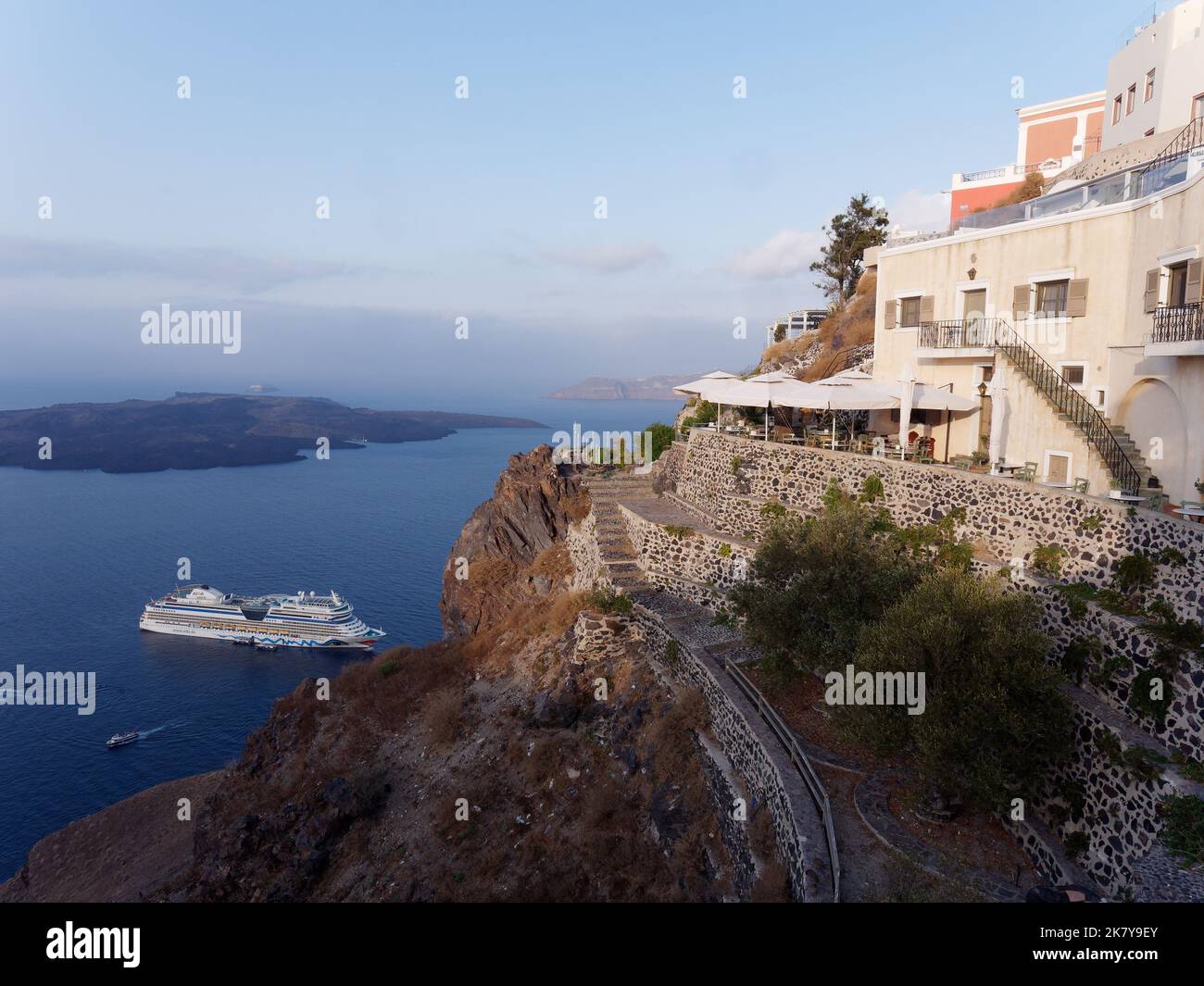 Caldera view with Cruis ship from Fira on the Greek Cyclades island of ...