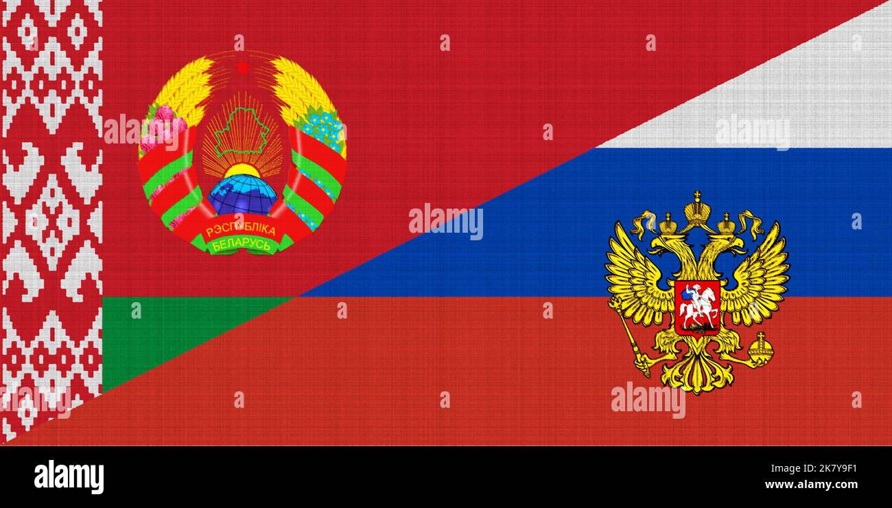 Flags of Russia and Belarus on textured fabric. Concept of cooperation ...