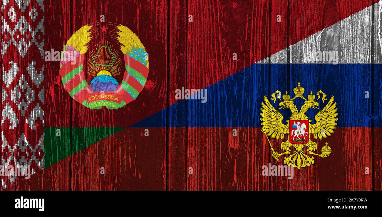 Flags of Russia and Belarus on wooden boards. Concept of cooperation ...