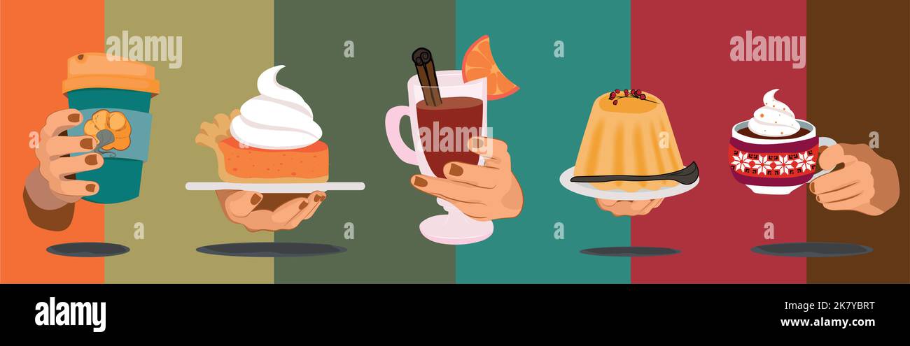Autumn hot drinks collection. Hot chocolate, pumpkin spice coffee ...