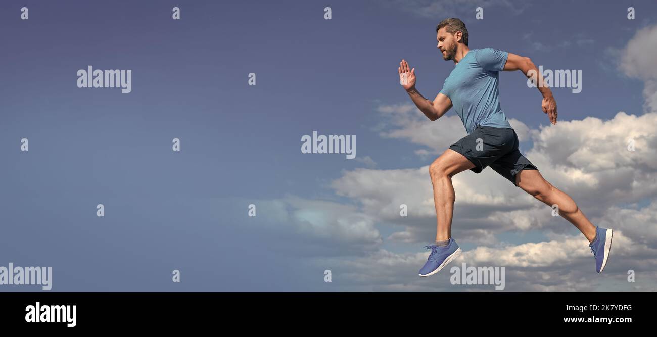 Man running and jumping, banner with copy space. healthy sportsman with ...