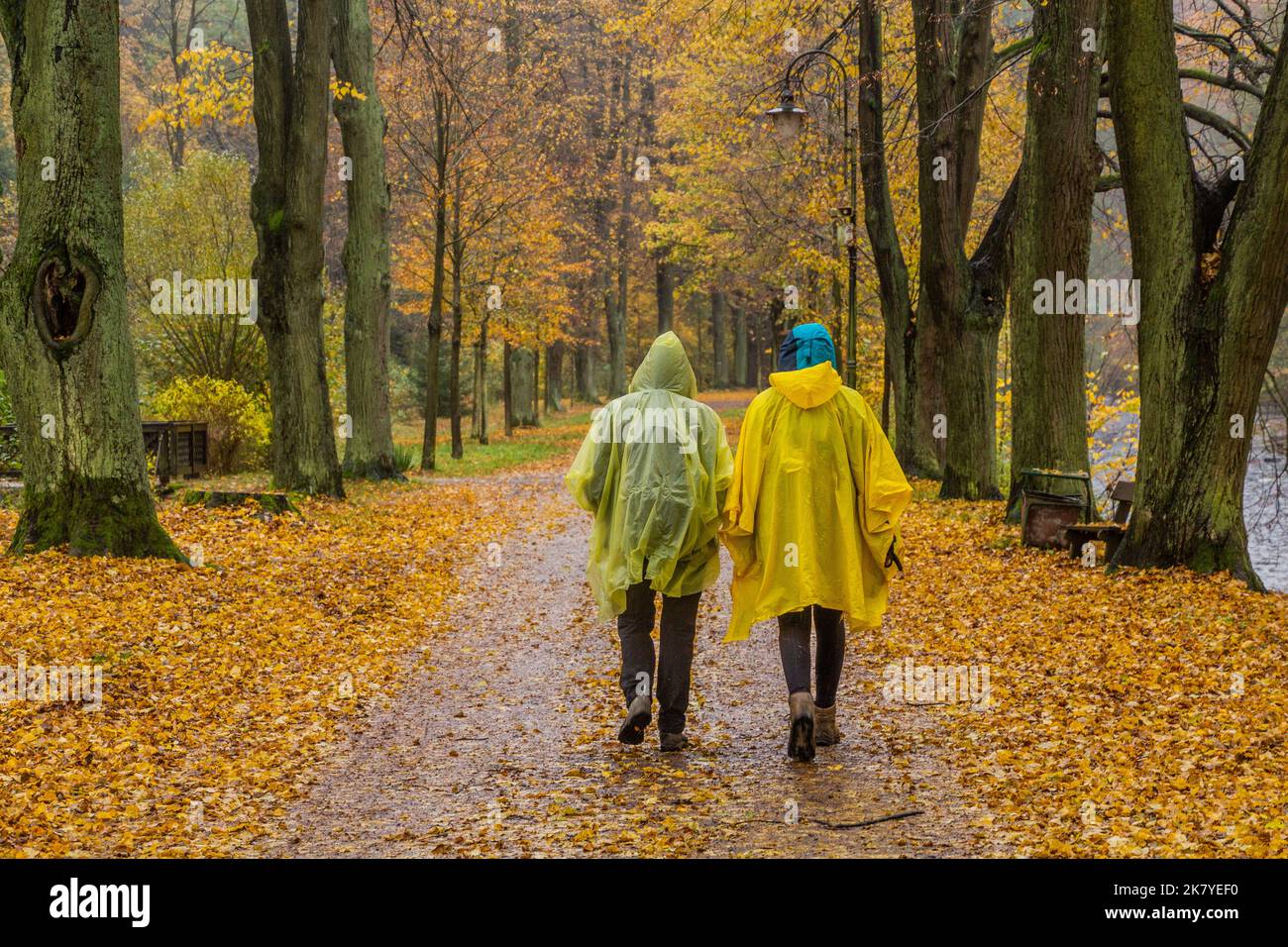 Two humans walk on a path in Potstejn village, Czech Republic Stock ...