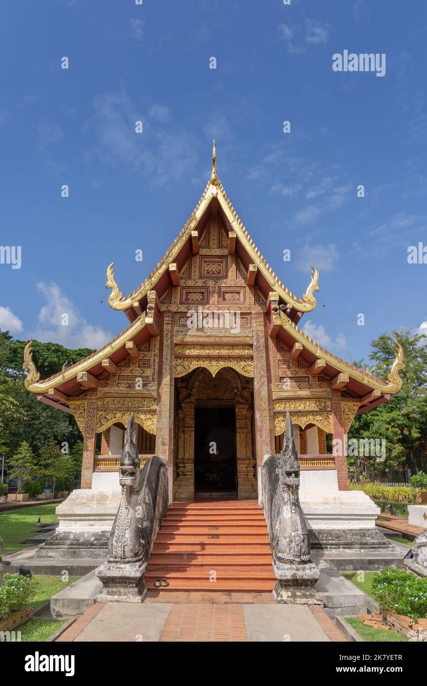 Beautiful front view of historic viharn Lai Kham inside compound of ...