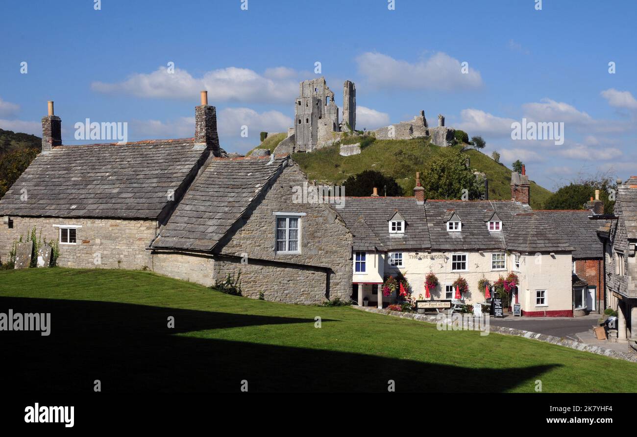 CORFE CASTLE,THE GREYHOUND PUB AND THE VILLAGE OF CORFE CASTLE, PURBECK ...