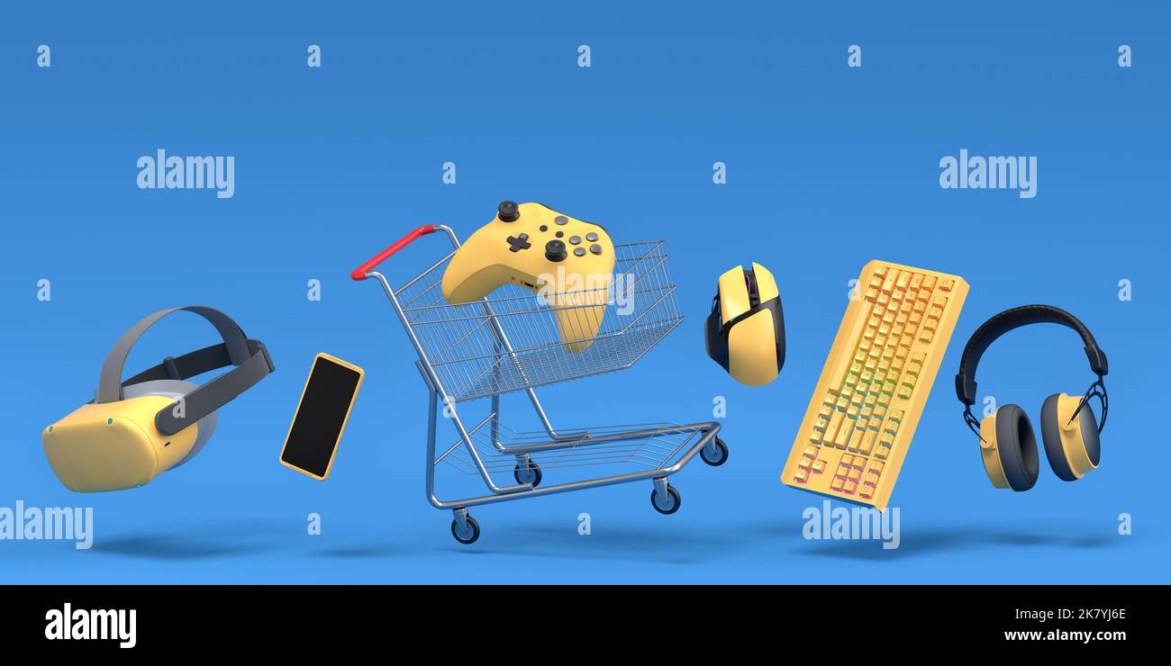 Flying gamer gears like mouse, keyboard, joystick, headset, VR Headset ...