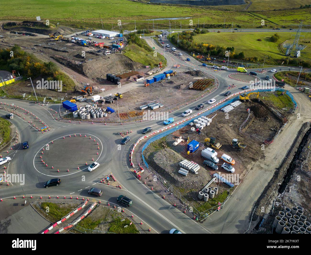 Aerial view of roadworks and traffic cones during the dualling of the ...