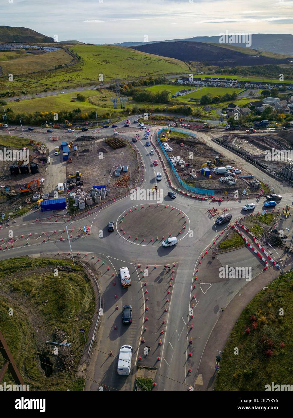 Aerial view of roadworks and traffic cones during the dualling of the ...