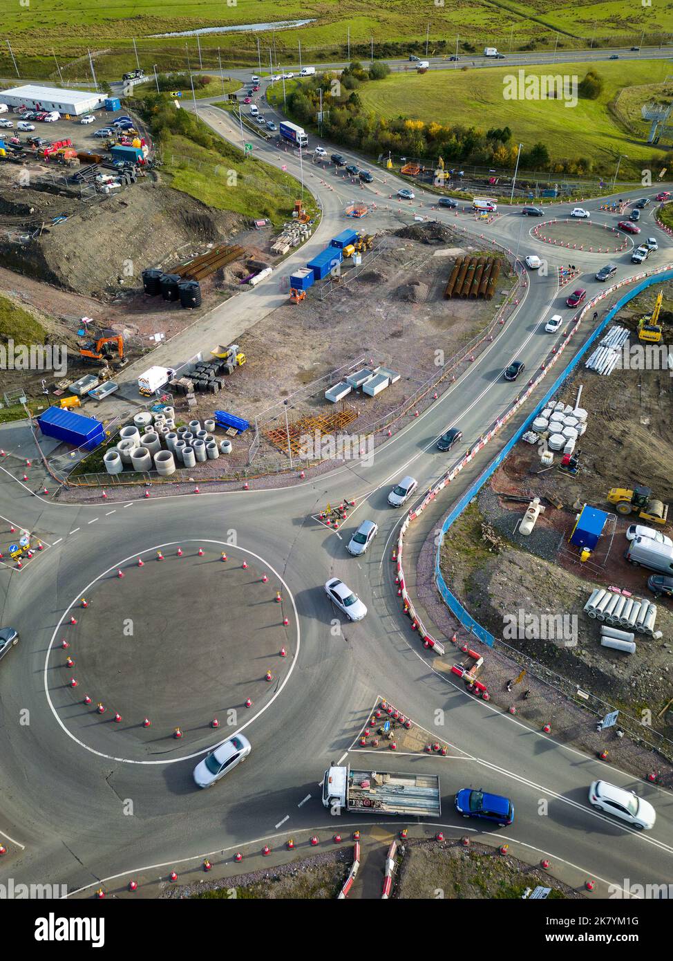 Aerial view of roadworks and traffic cones during the dualling of the ...