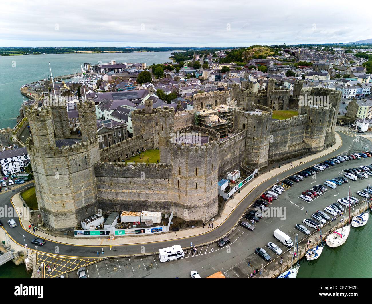 Aerial view of the ancient Caernarfon Castle in North Wales Stock Photo ...