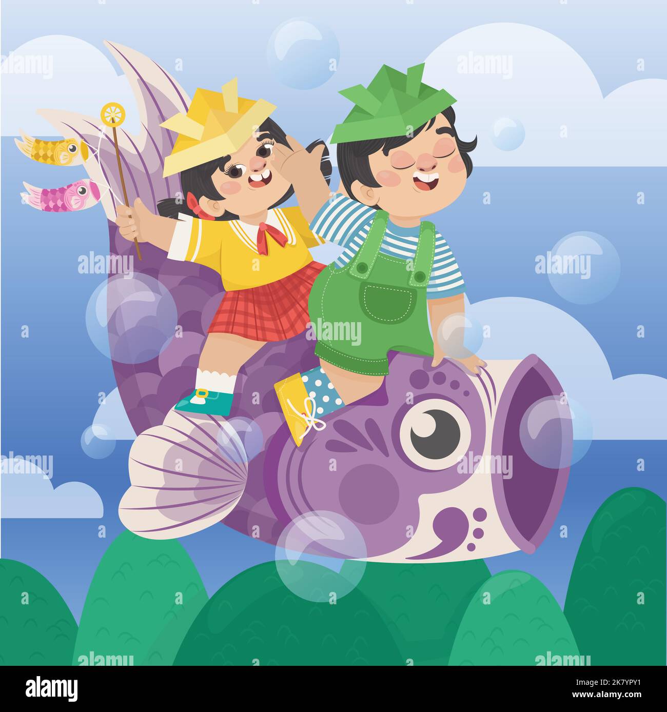 flat childrens day with kids riding fish vector design illustration ...