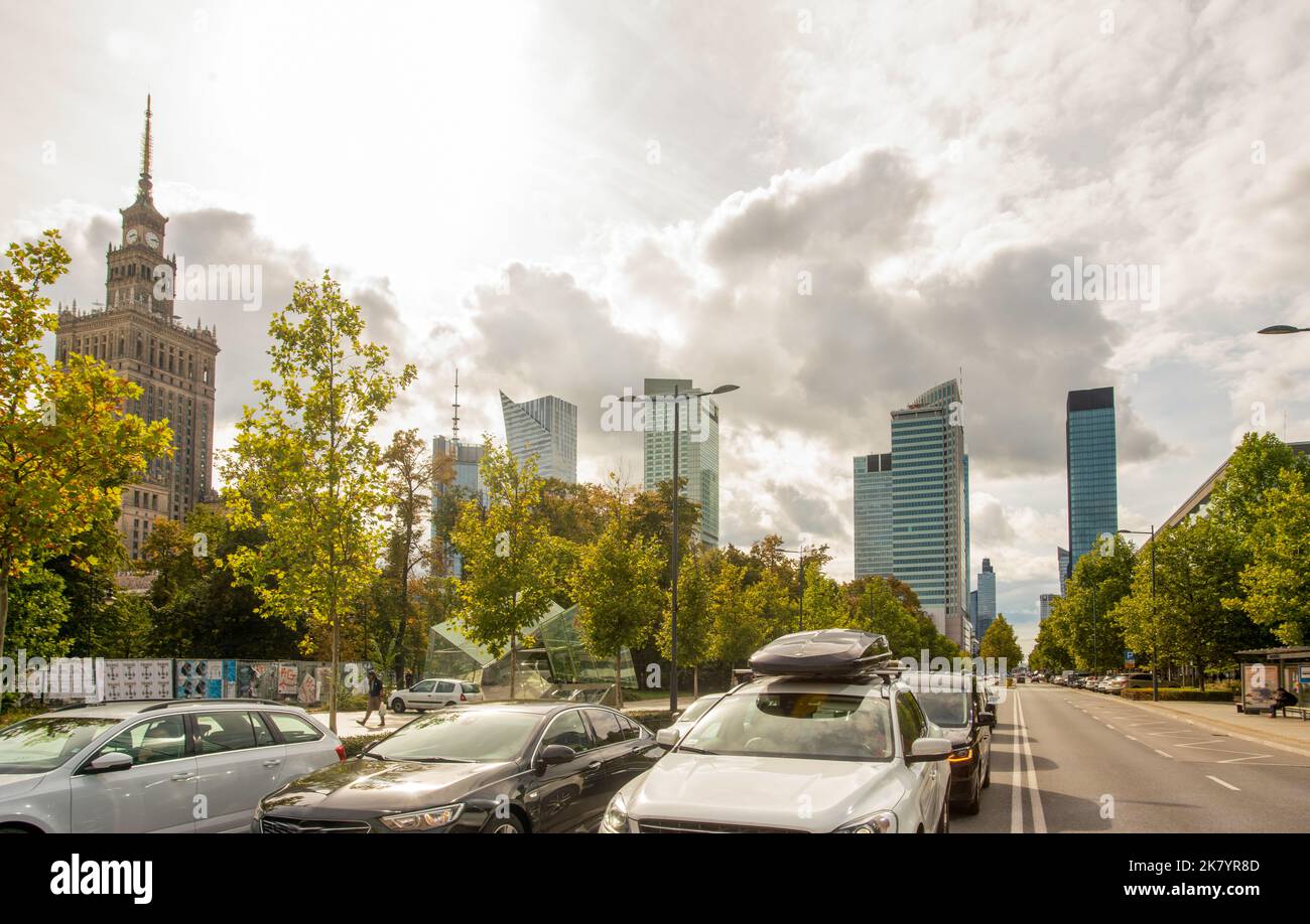 The panorama of the Centrum district in Warsaw with amazing trees in ...