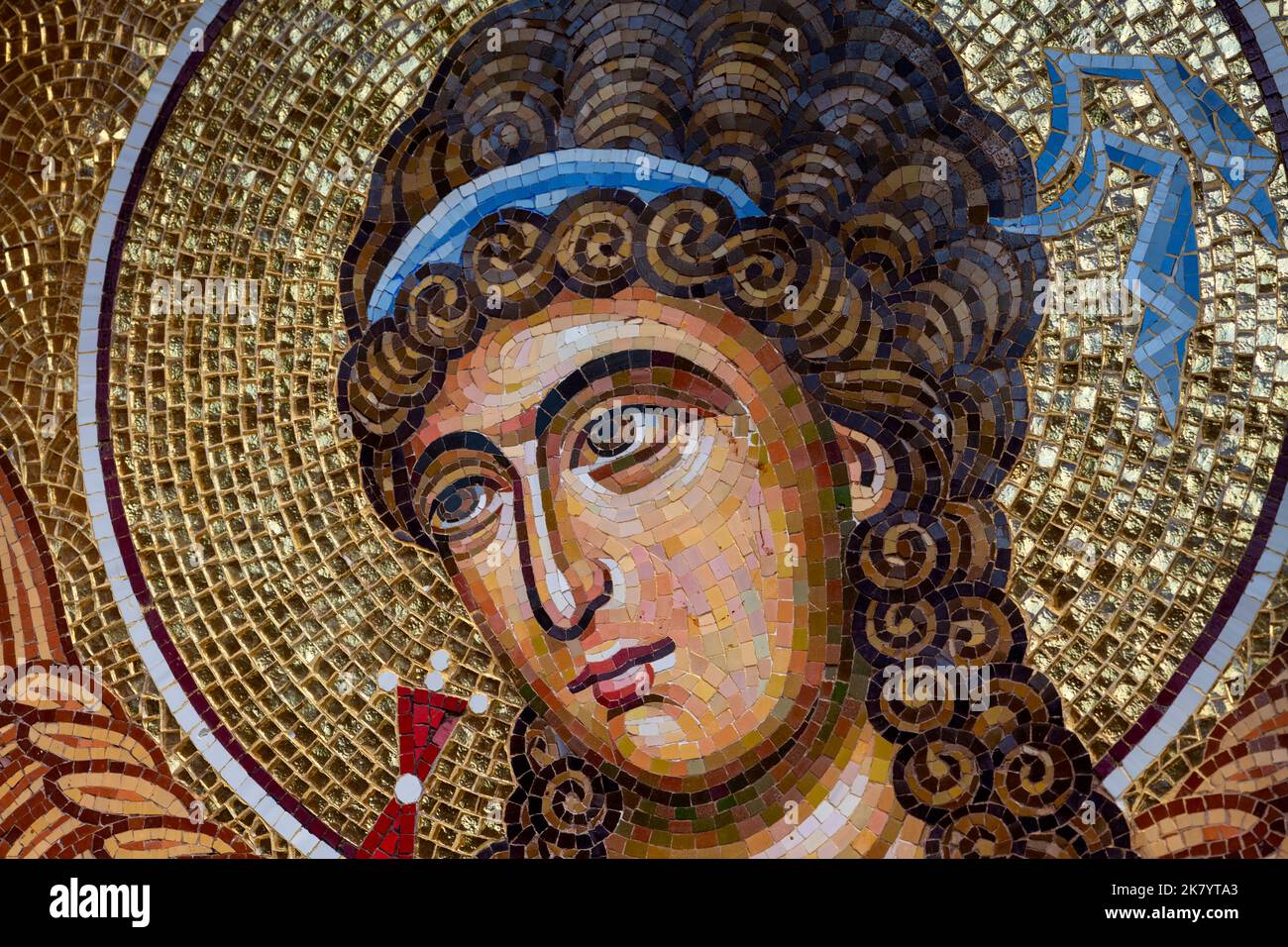 Detail of byzantine or orthodox mosaic icon depicting the head of an ...