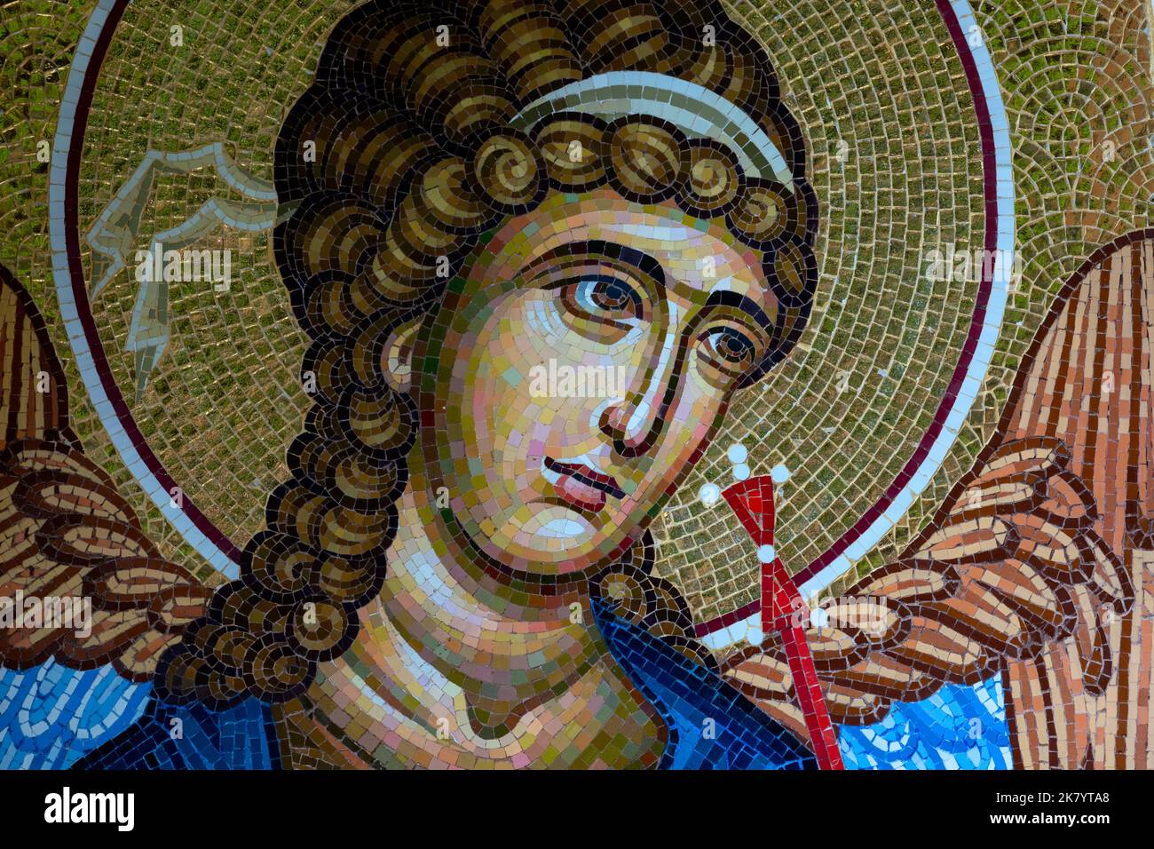 Detail of byzantine or orthodox mosaic icon depicting the head of an ...