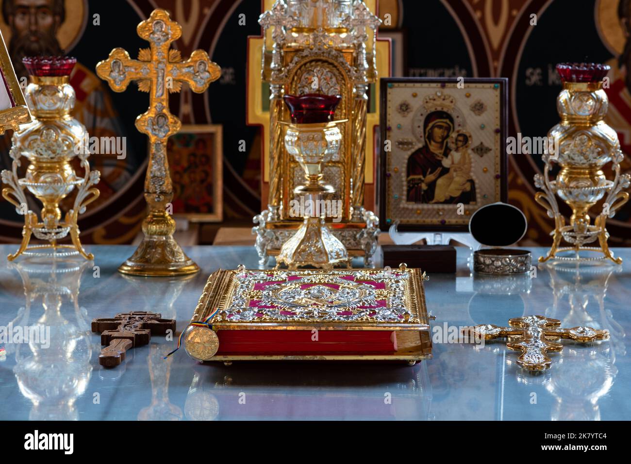 Inside the altar of an orthodox church, with traditional artifacts and ...