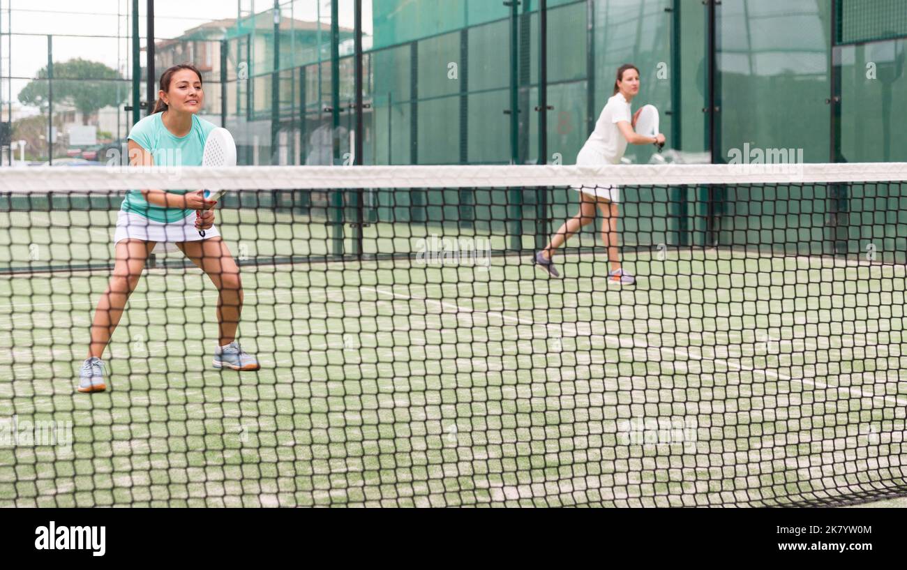 Two sports couples playing padel on tennis court Stock Photo - Alamy