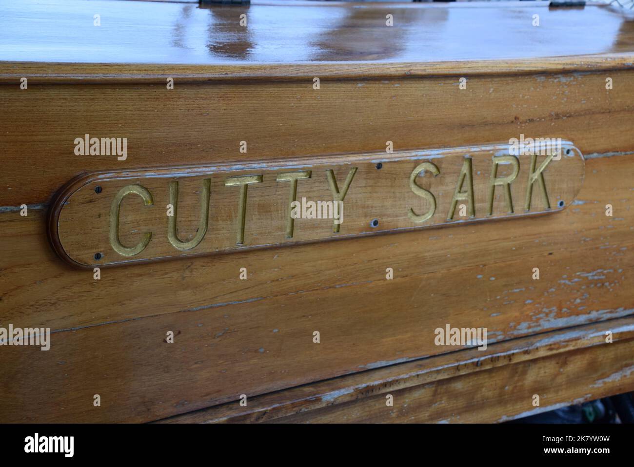 Wooden name plate on the deck of the reopened (2012) Cutty Sark, tea ...