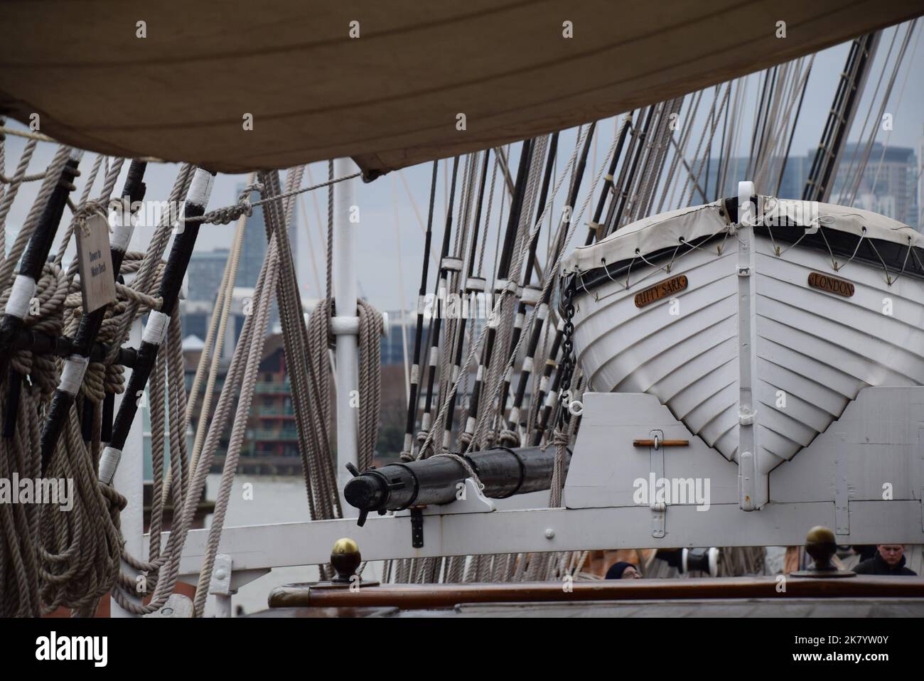 Rigging and lifeboat on the deck of the reopened (2012) Cutty Sark, tea ...