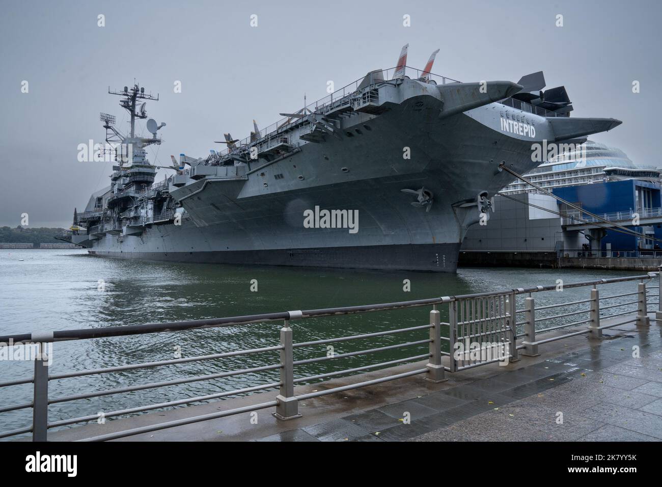New York, NY - USA - Oct 2,2022 - Three quarter view of The Intrepid Sea, Air & Space Museum. An ...