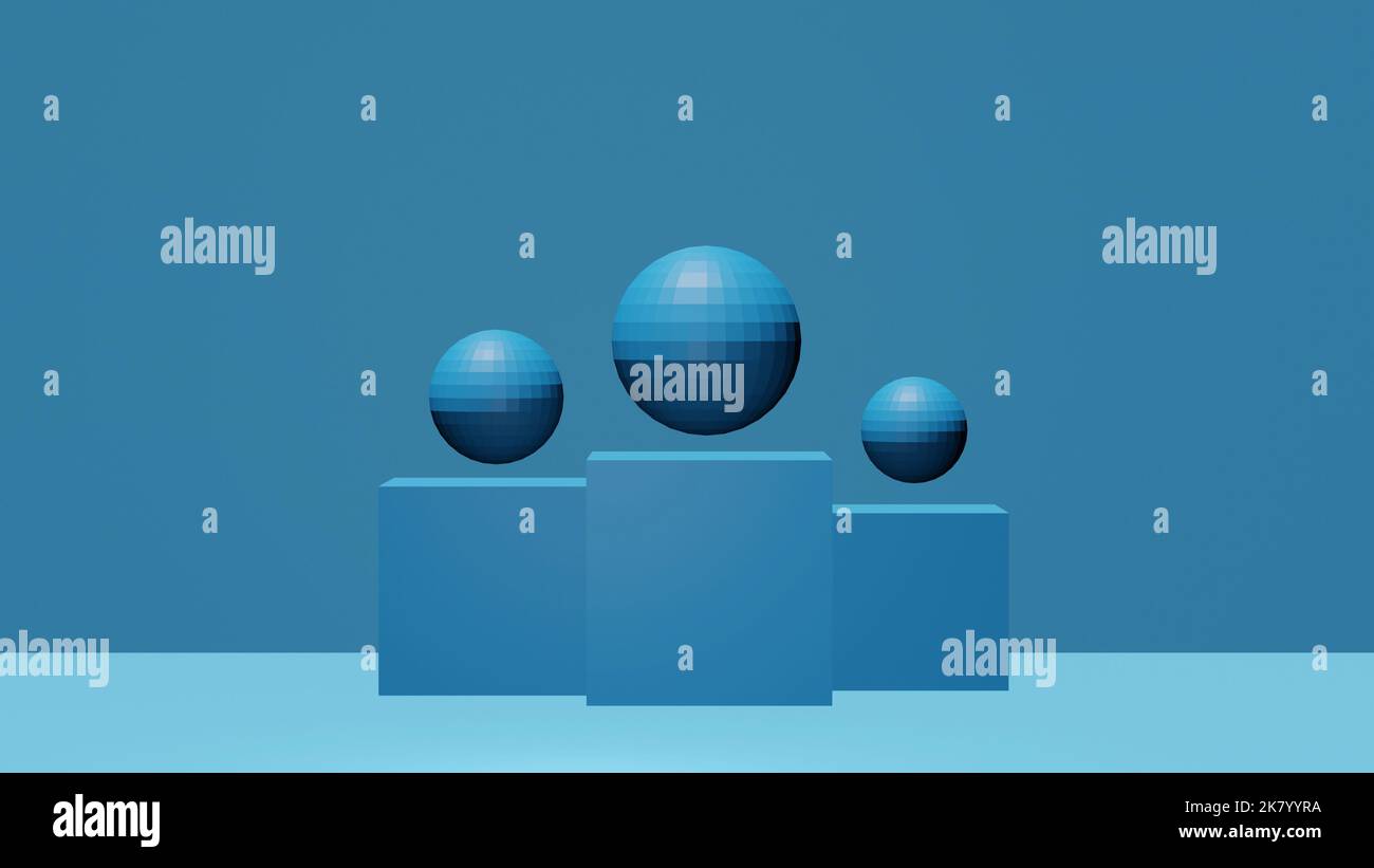blue cube figures with balls,concept pedestal with copy space 3d render ...