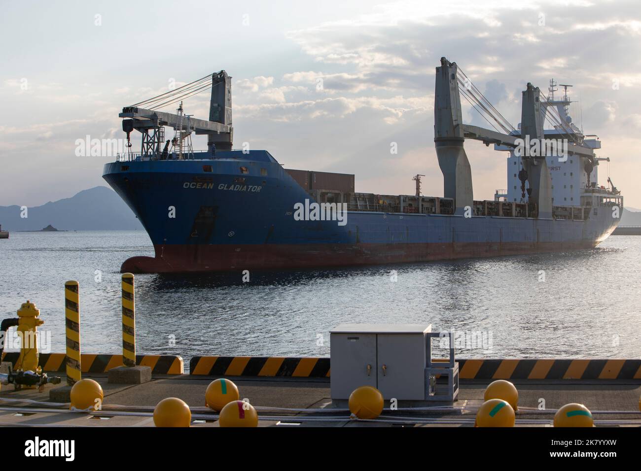 The vehicle carrier ship Ocean Gladiator docks at the Marine Corps Air Station Iwakuni harbor on ...
