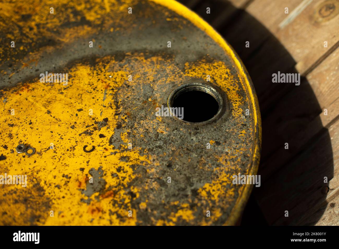 Fuel tank and rust. Steel barrel on street. Hole for receiving fuel ...