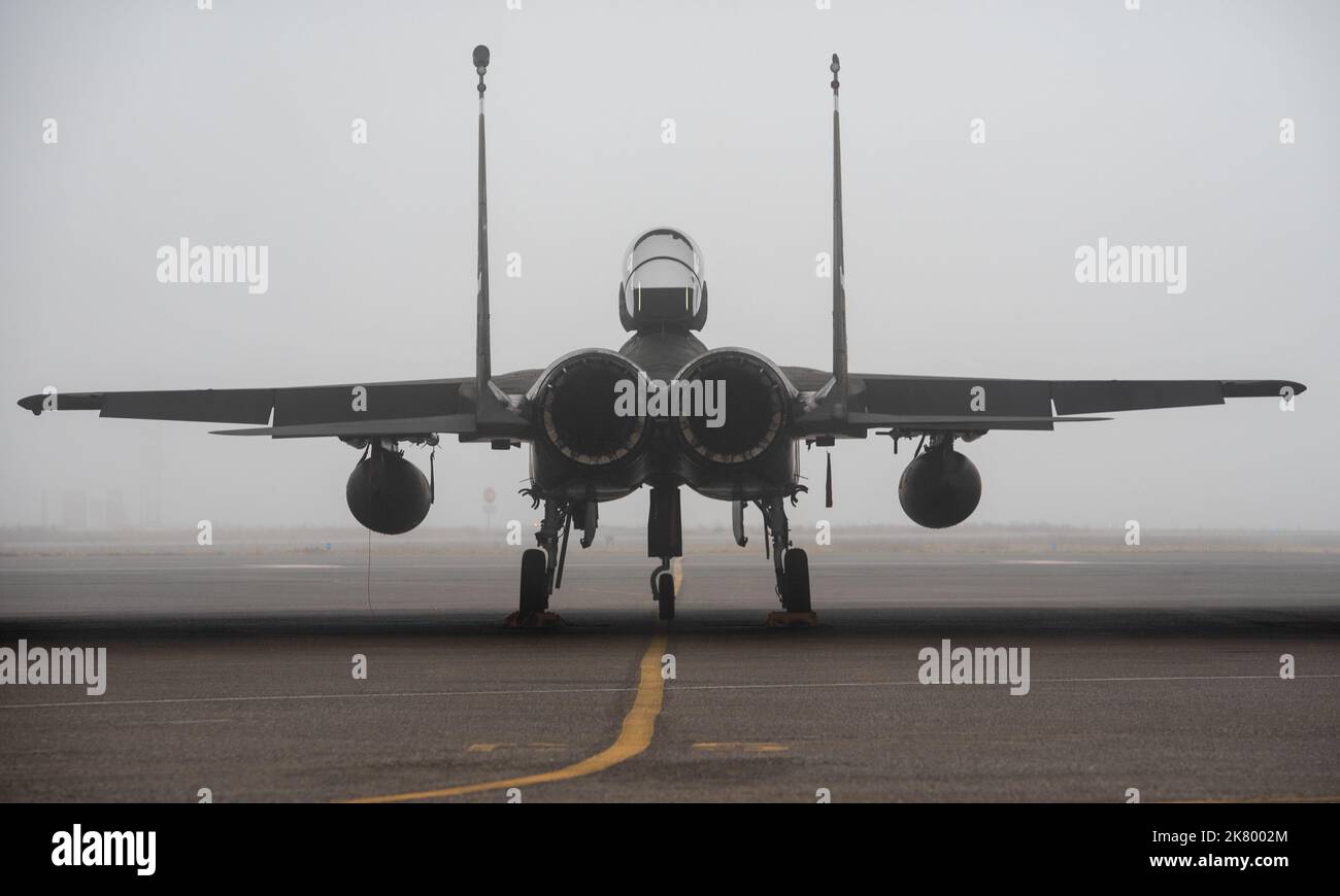 An F-15 from the 142nd Wing sits ready during a foggy morning at ...