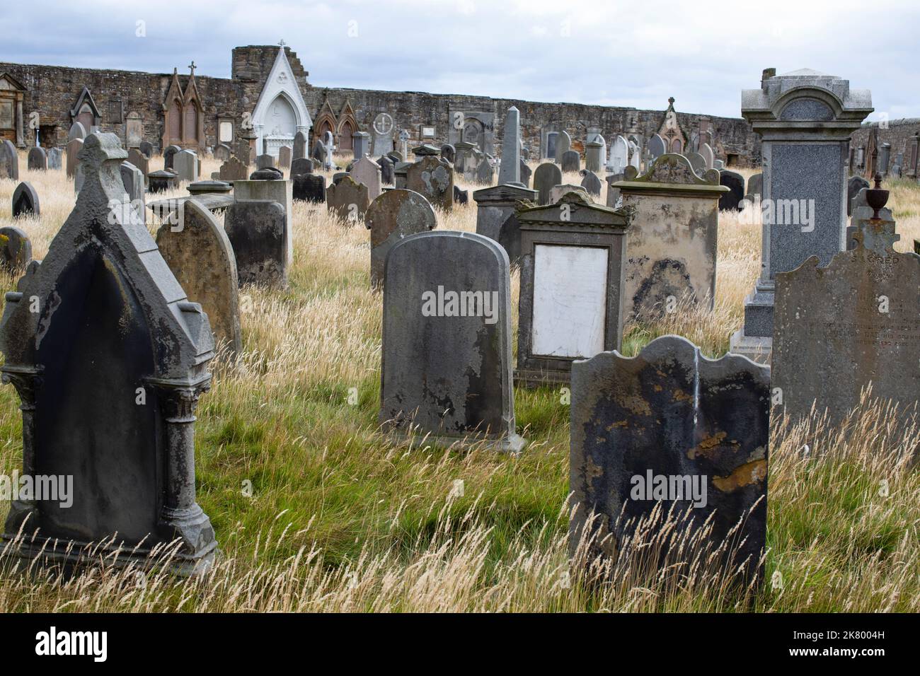 Ancient graves in the churchyard of Saint Andrews Cathedral in Scotland ...