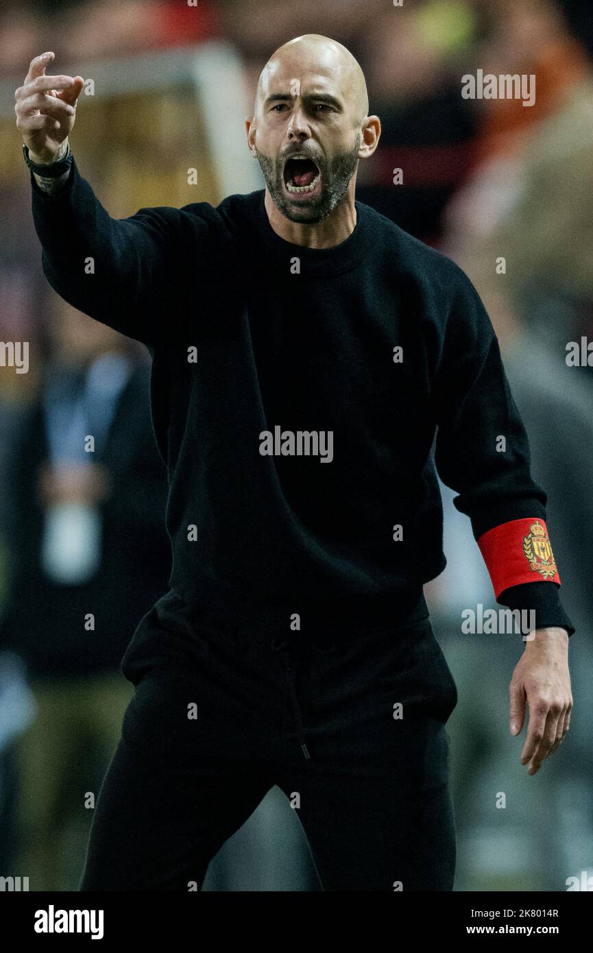 Mechelen's new head coach Steven Defour reacts during a soccer match ...