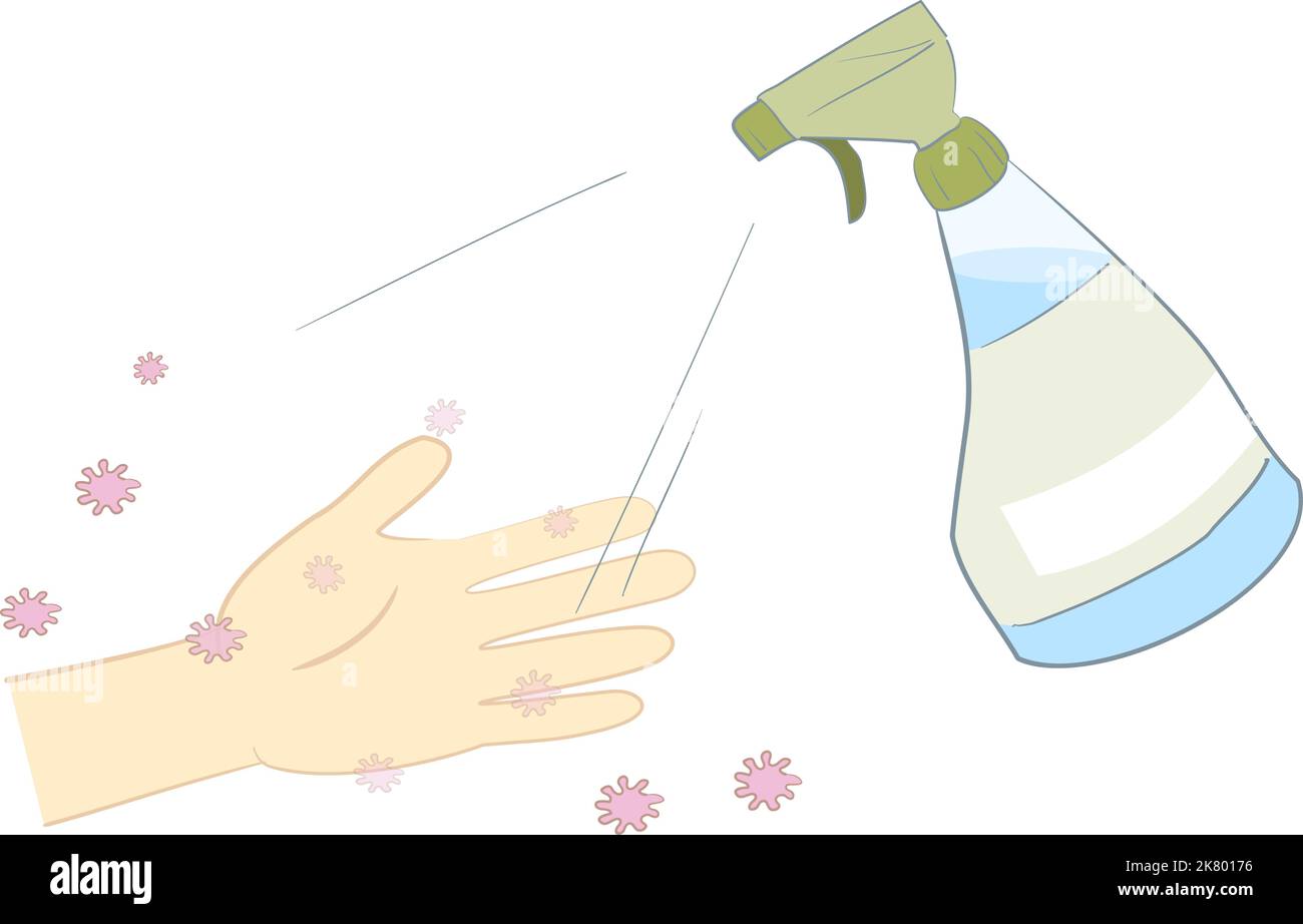Illustration of spraying alcohol disinfectant spray on hand with virus ...