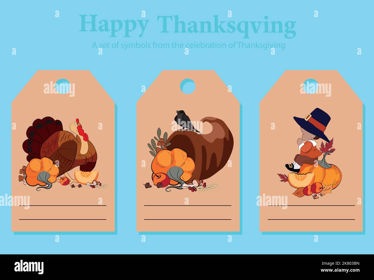Collection of thanksgiving gift tags with lettering, turkey, pumpkins ...
