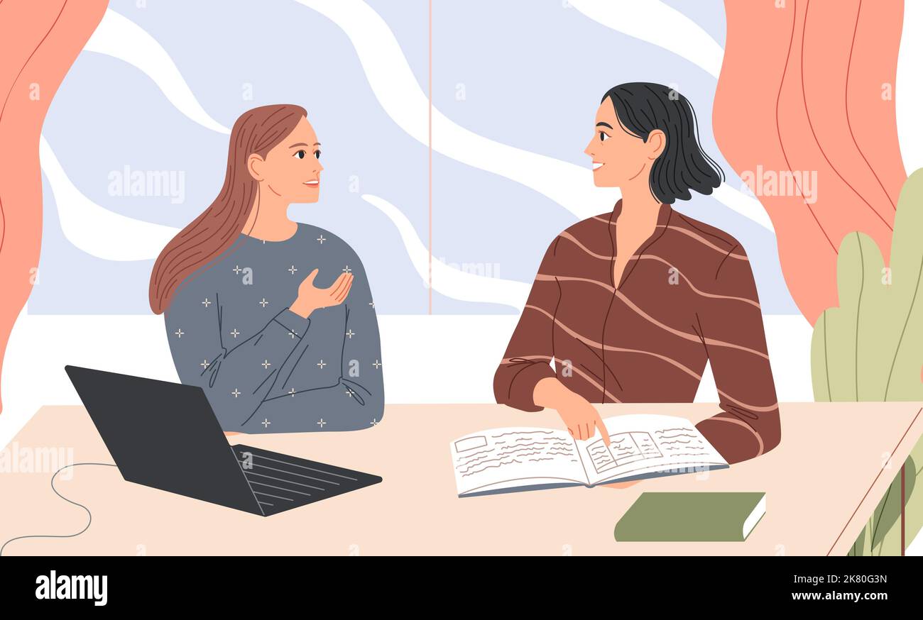 Two women sit at the desk and talk Stock Vector Image & Art - Alamy