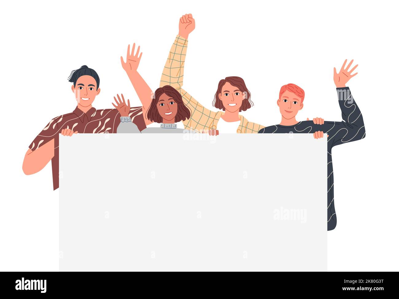 People holding a large banner and waving their hands in greeting Stock ...