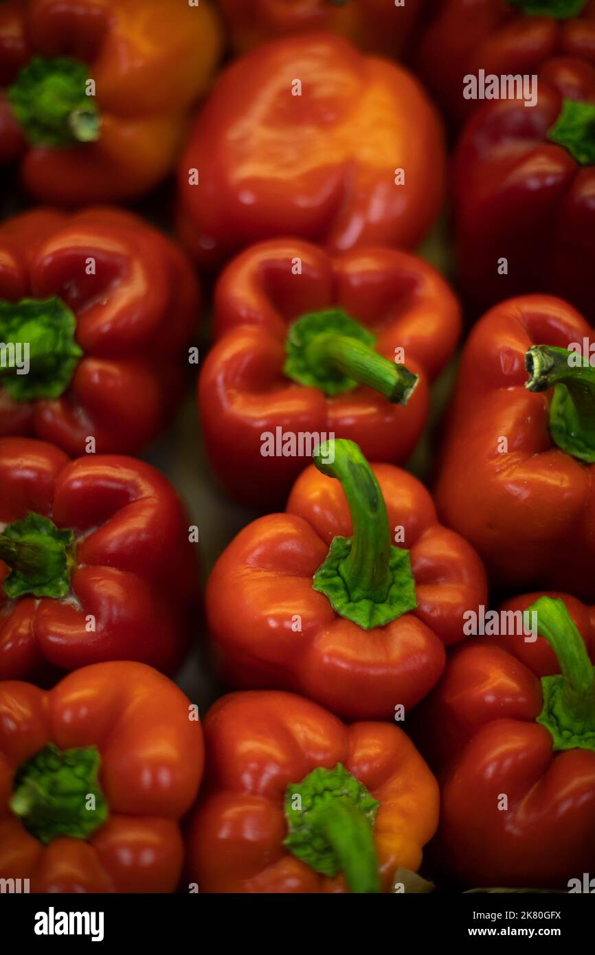 Red pepper with green pod. Healthy vegetables on market. Delicious food ...